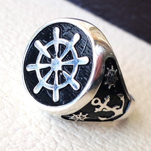 Ship Wheel and Anchor Sailor Fisherman Men Ring Heavy Sterling Silver ...