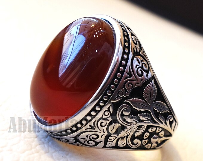 Mens Red Real Aqeeq / Agate /akik Ring Sterling Silver 925 Unheated ...