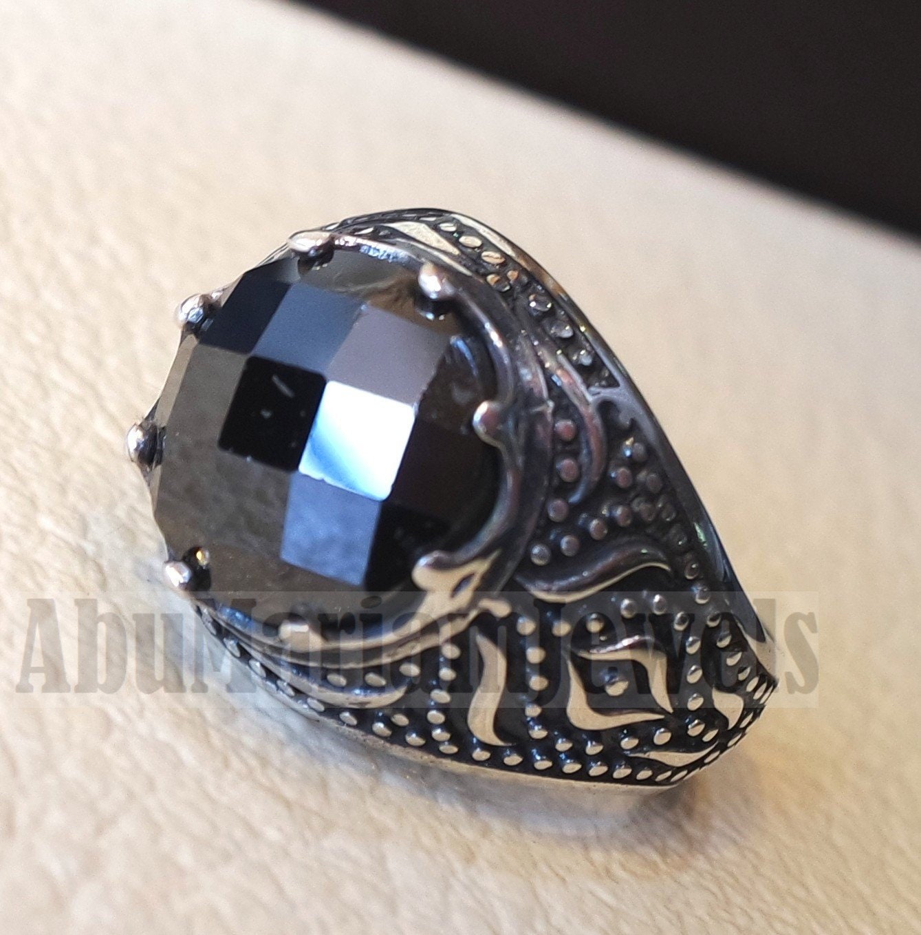 Onyx Round Man Ring Sterling Silver 925 Black Faceted Stone - Etsy