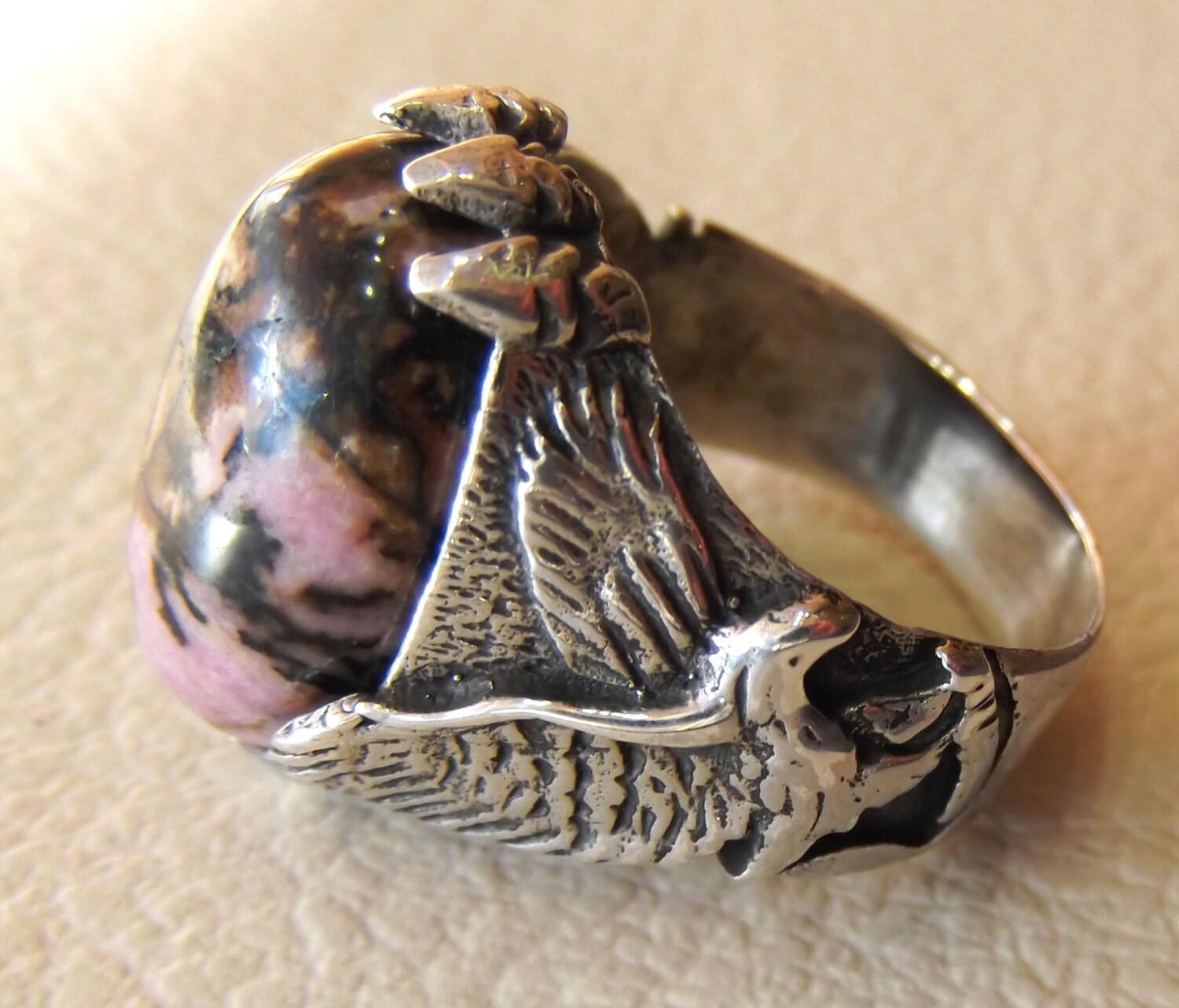 Eagle men ring rhodonite jasper oval sterling silver 925 | Etsy