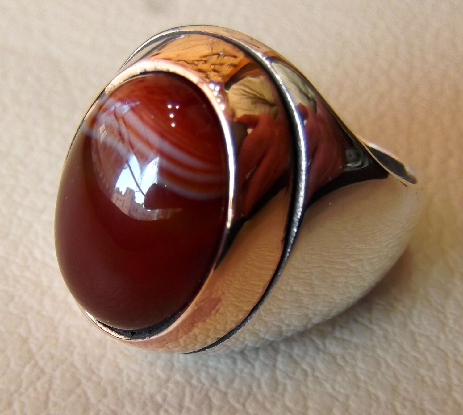 Striped agate carnelian aqeeq huge ring two tone sterling | Etsy
