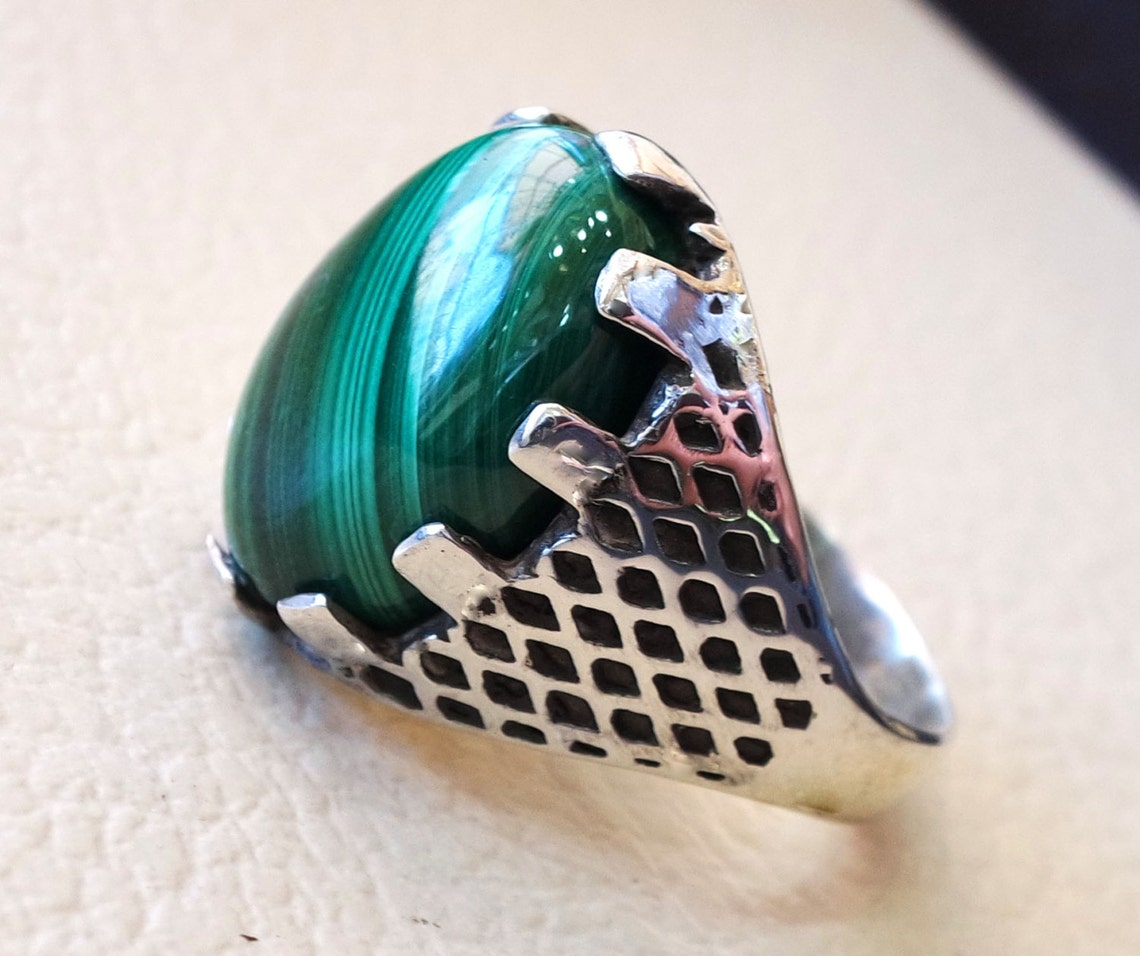 Natural Malachite Man Ring High Quality Green Striped Cabochon - Etsy