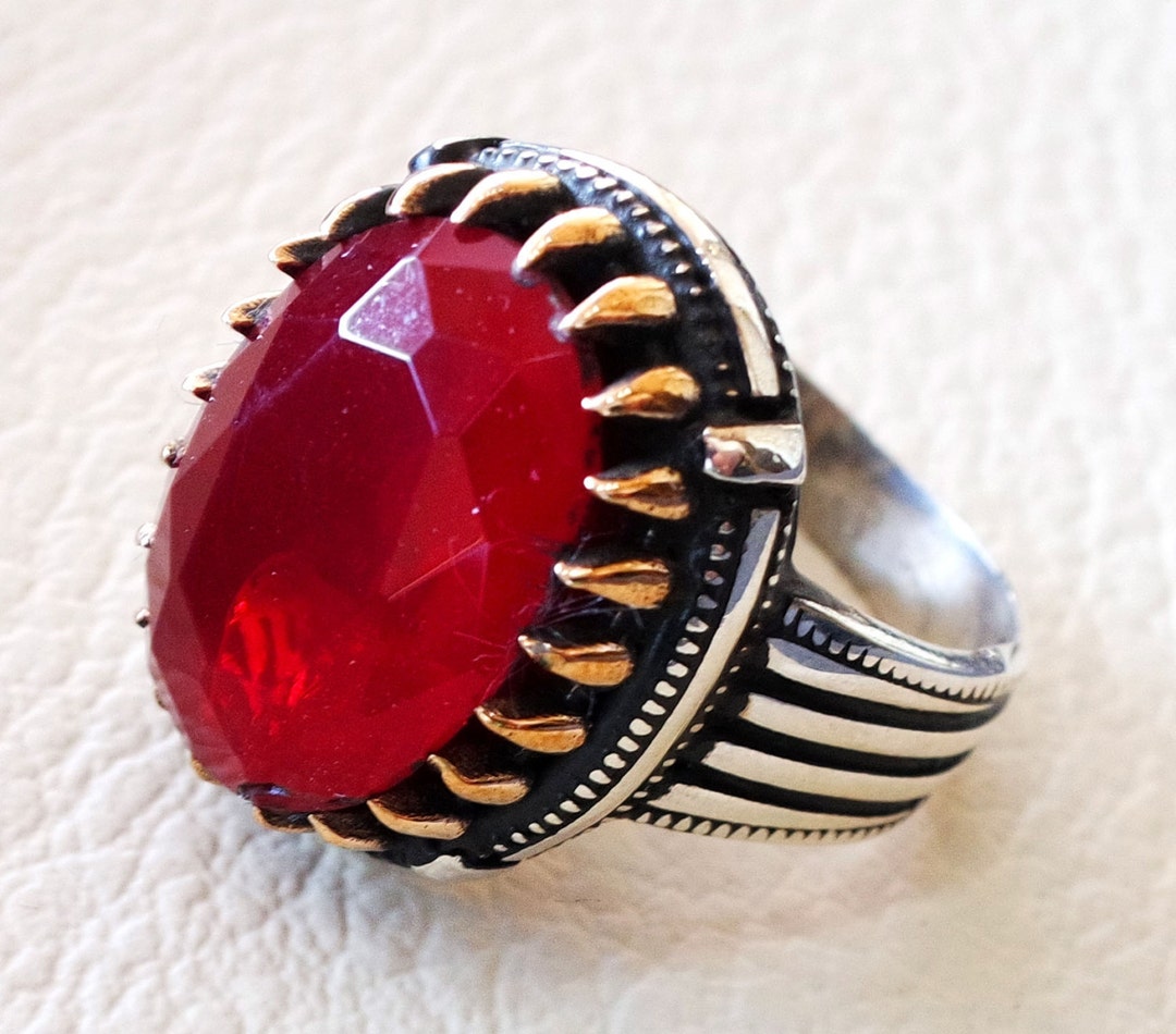 Deep Red Ruby Synthetic Imitation Stone Unisex Ring Sterling Silver 925 ...
