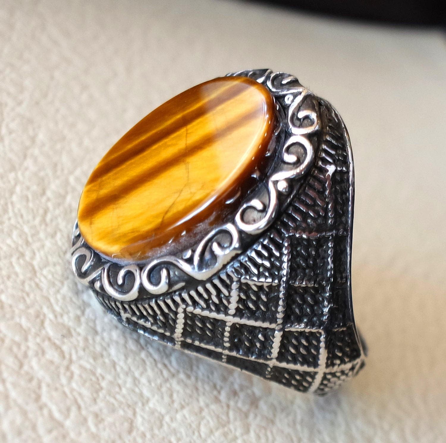 Tiger eye semi precious natural flat stone men ring sterling | Etsy