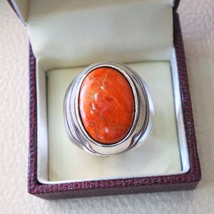 Sponge Coral Murjan Heavy Men Ring Orange to Red Natural Stone Sterling ...