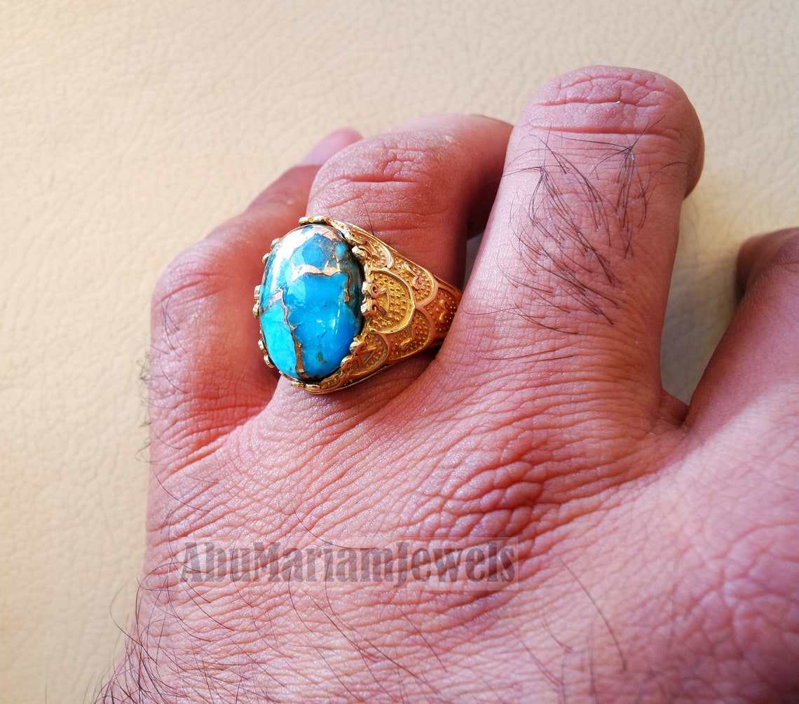 10k Yellow Gold Men Ring Blue Turquoise Cabochon High Quality | Etsy