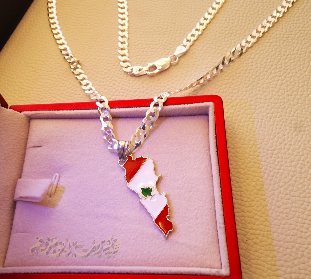 Lebanon Map Pendant With Thick Chain 3 Cedar Tree Flag Colors Sterling ...