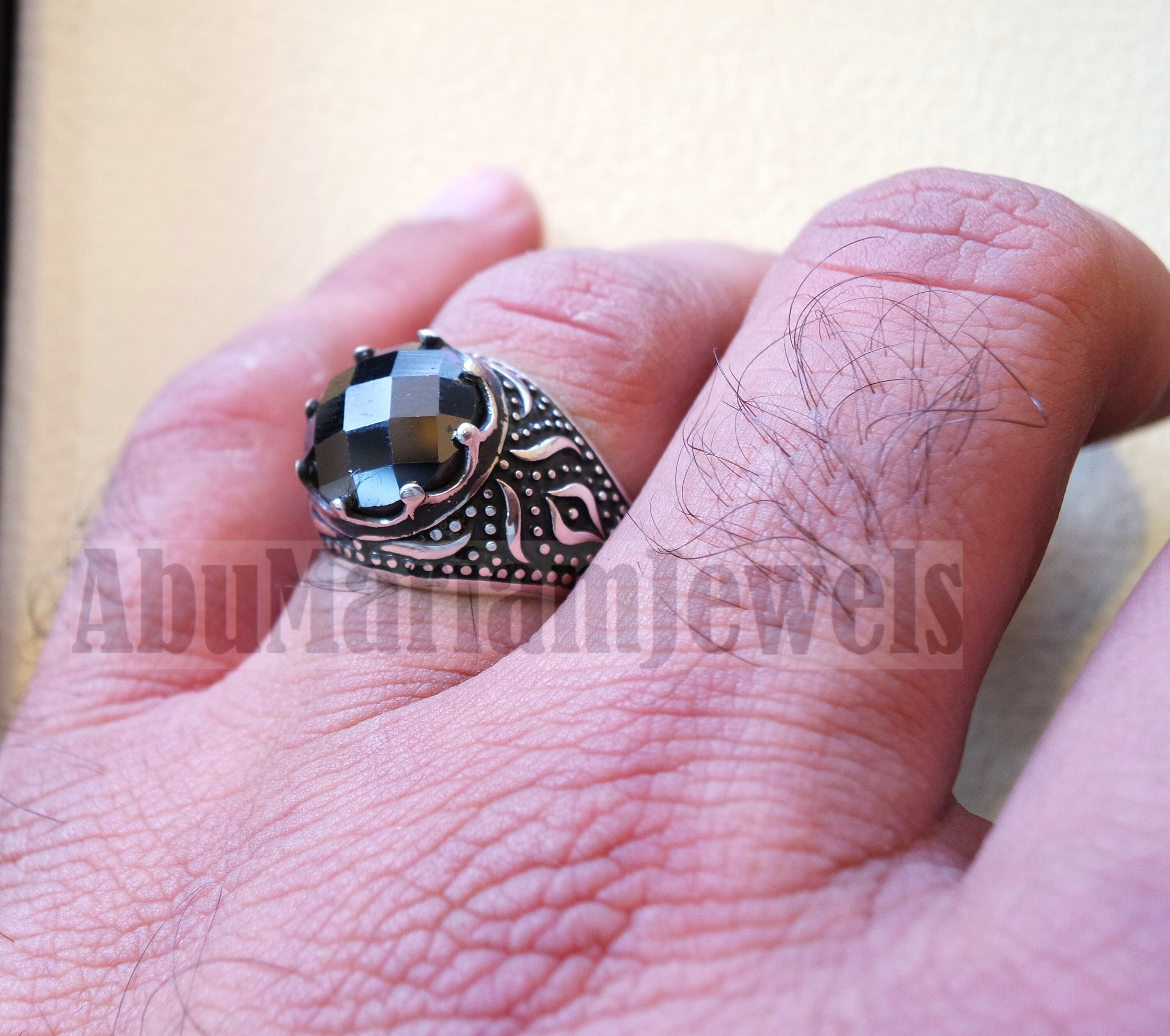 Onyx Round Man Ring Sterling Silver 925 Black Faceted Stone - Etsy