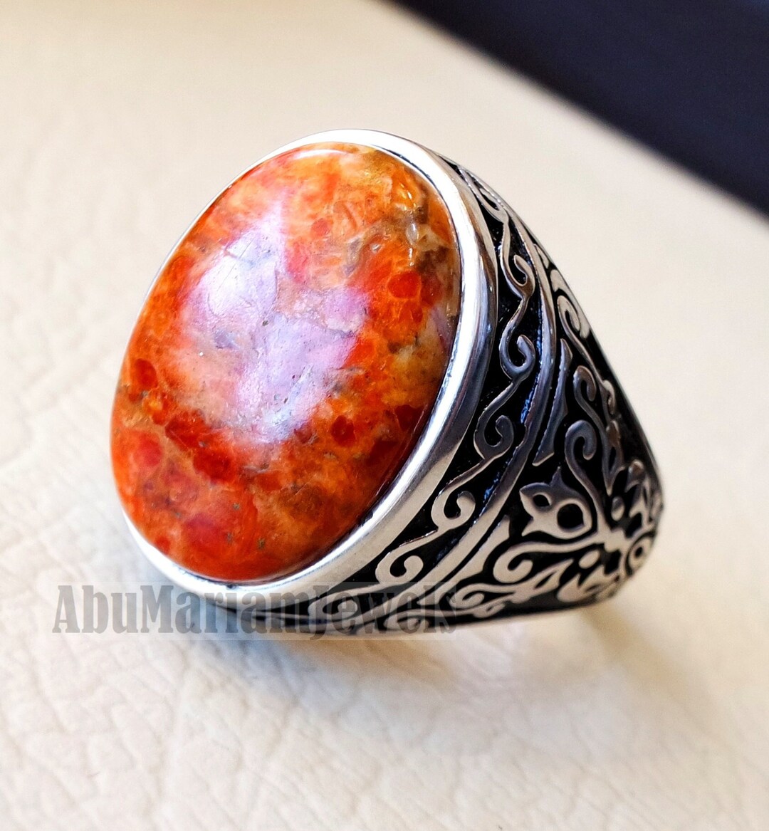 Sponge Coral Murjan Men Ring Orange Brown Red Natural Stone Sterling ...