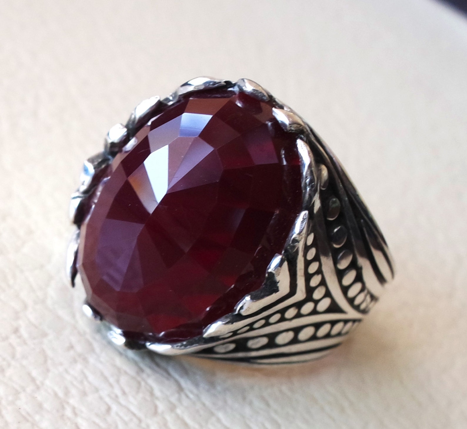 Russet burgundy color reddish faceted oval stone man ring | Etsy