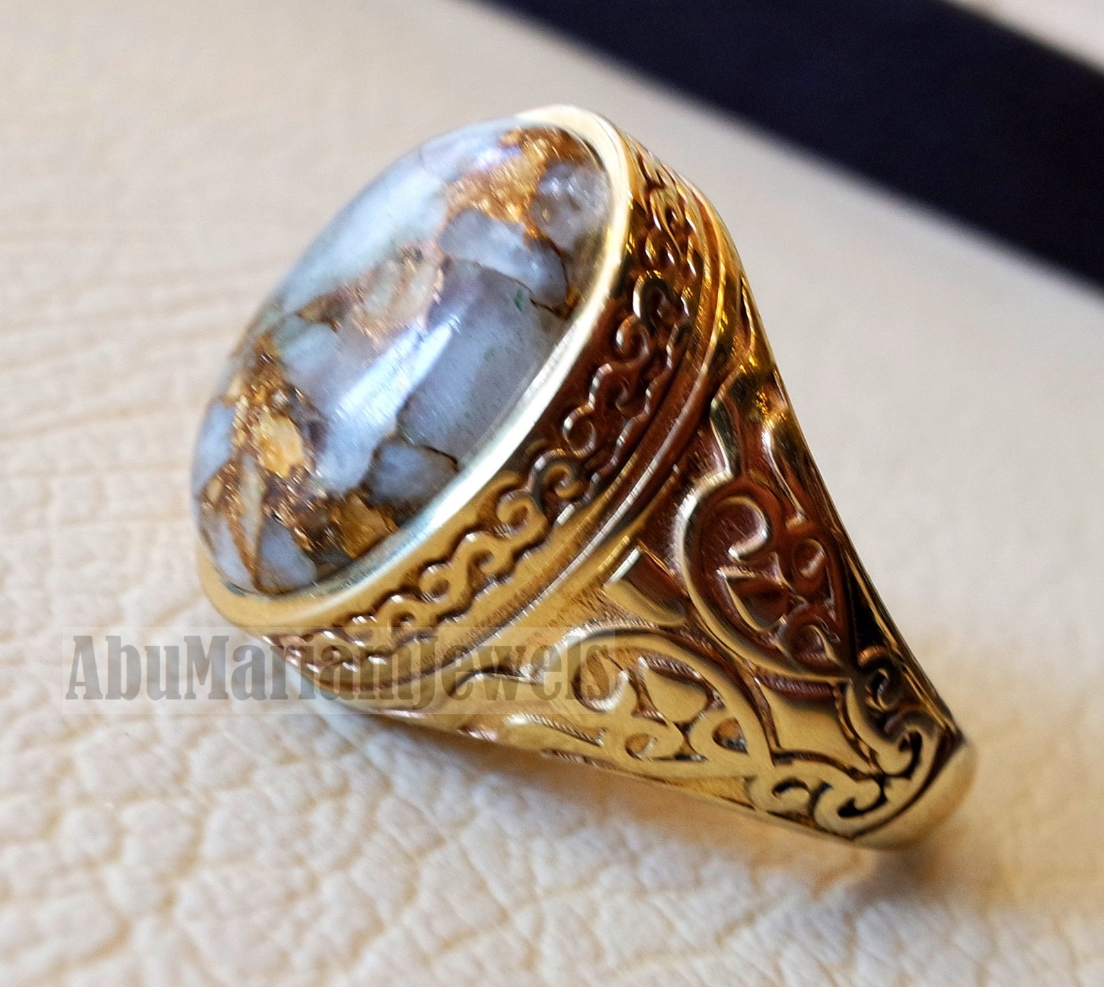 10k Yellow Gold Men Ring Natural Copper Calcite Cabochon Stone - Etsy