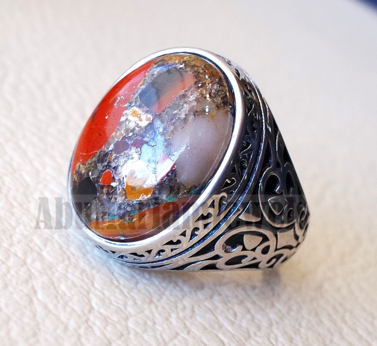 Man Ring Conglomerate Natural Stone Sterling Silver 925 Oval - Etsy