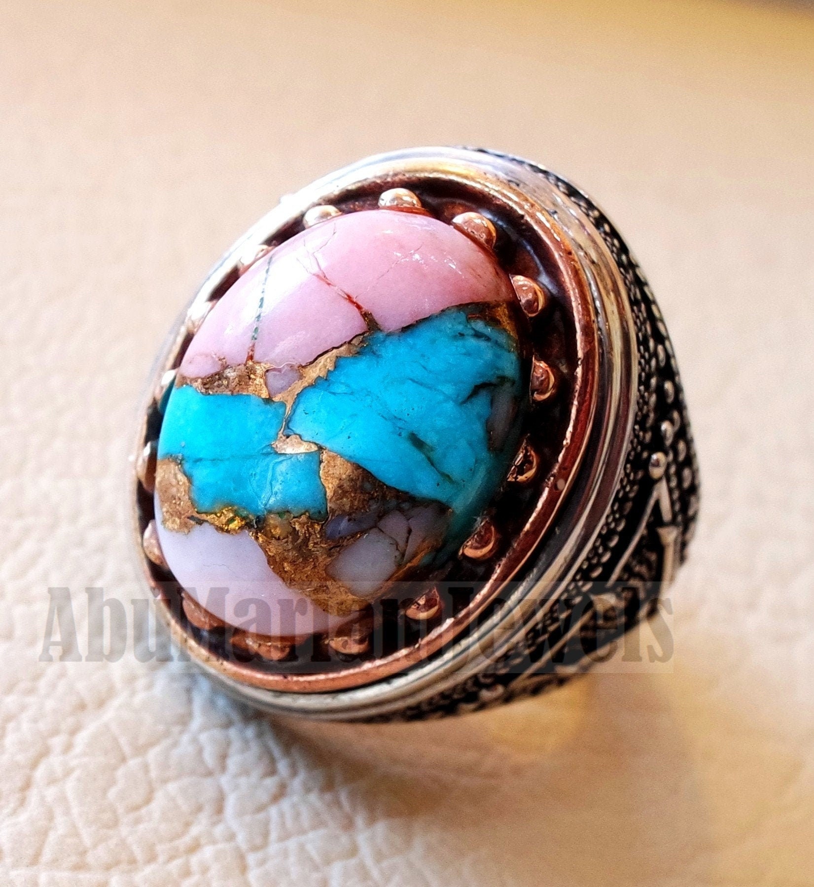 Copper Pink Opal Turquoise Blue Natural Stone Ring Sterling - Etsy