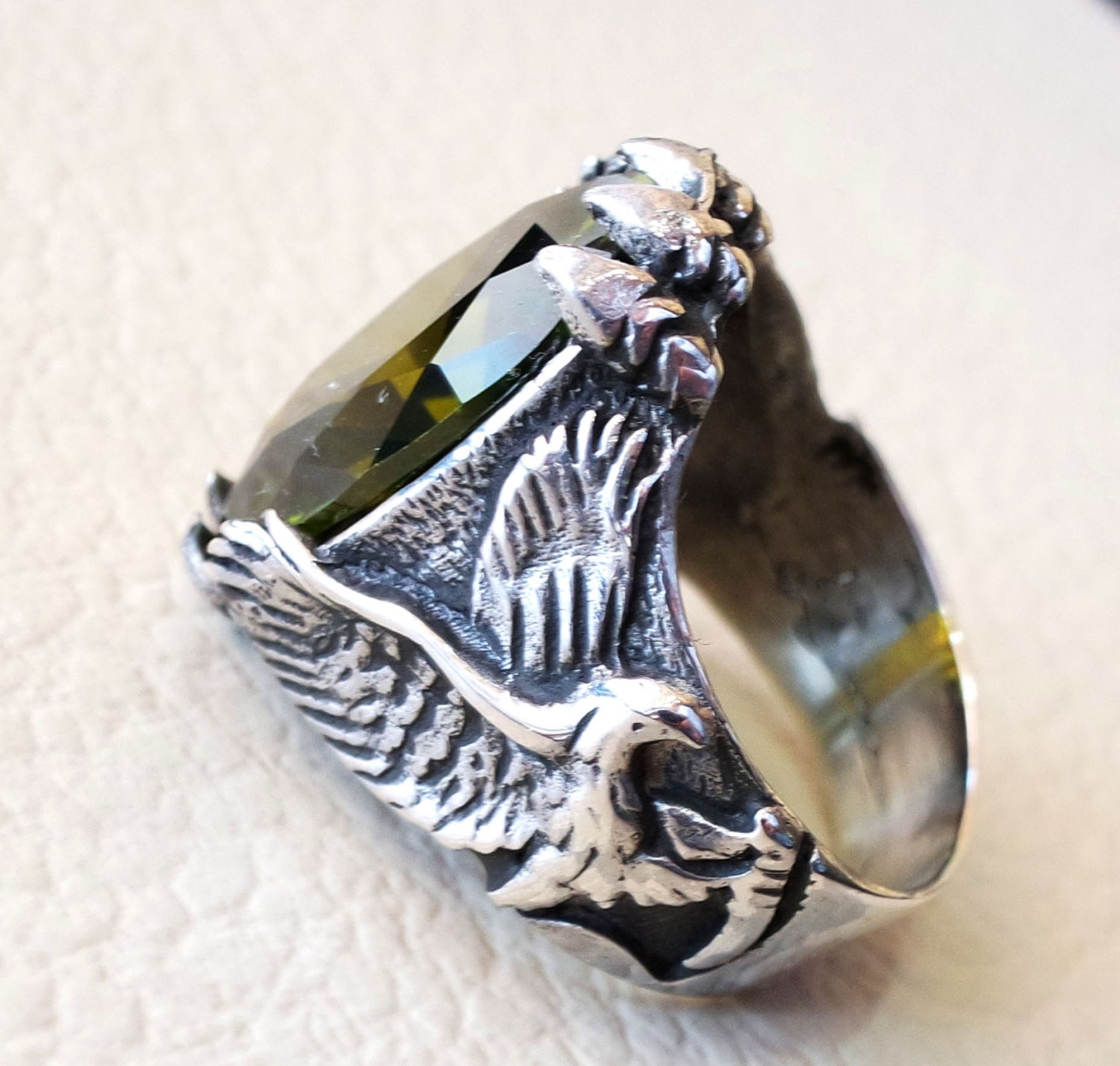 Eagle Falcon Man Ring Sterling Silver 925 Oval Vivid Olive - Etsy
