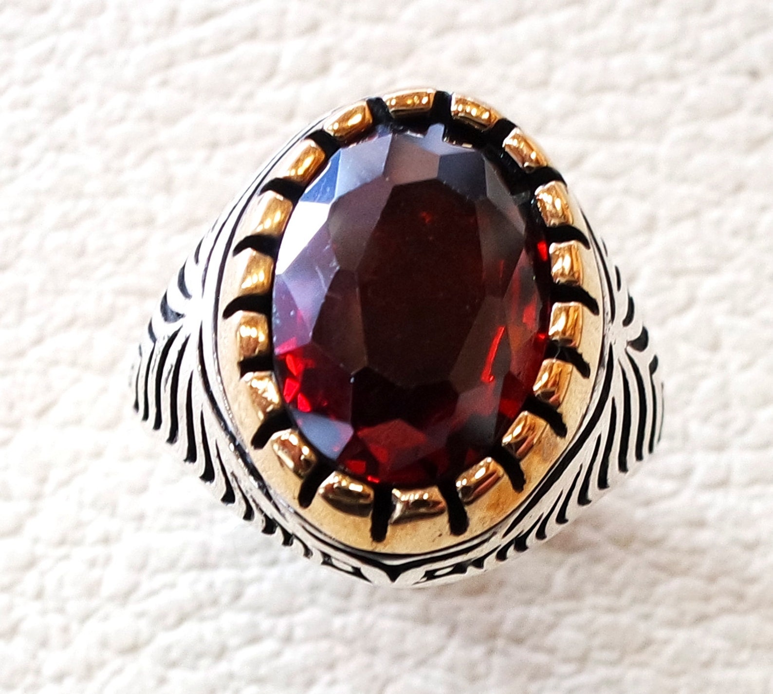 Deep Red Orange Ruby Synthetic Heavy Sterling Silver 925 Men - Etsy