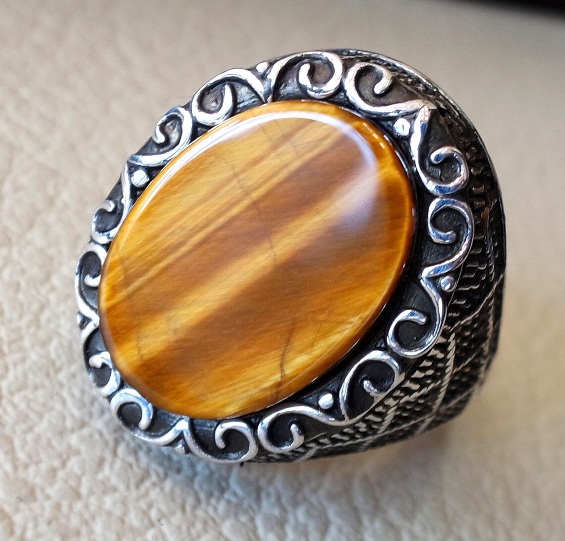 Tiger eye semi precious natural flat stone men ring sterling | Etsy