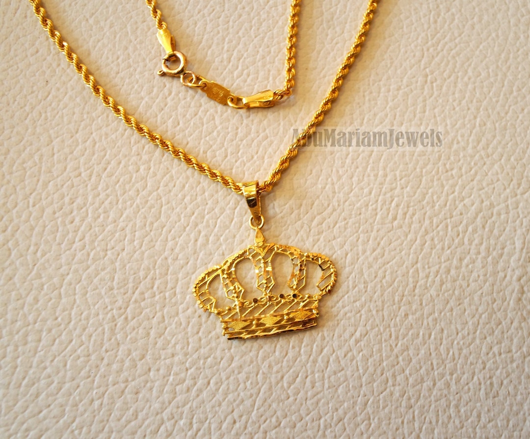 21K Gold Royal Crown Pendant With Rope Chain Gold Jewelry 16 and 20 ...