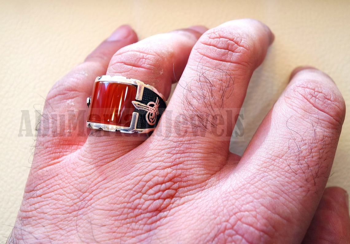 Square Aqeeq Ring Red Semi Precious Carnelian Natural Flat - Etsy