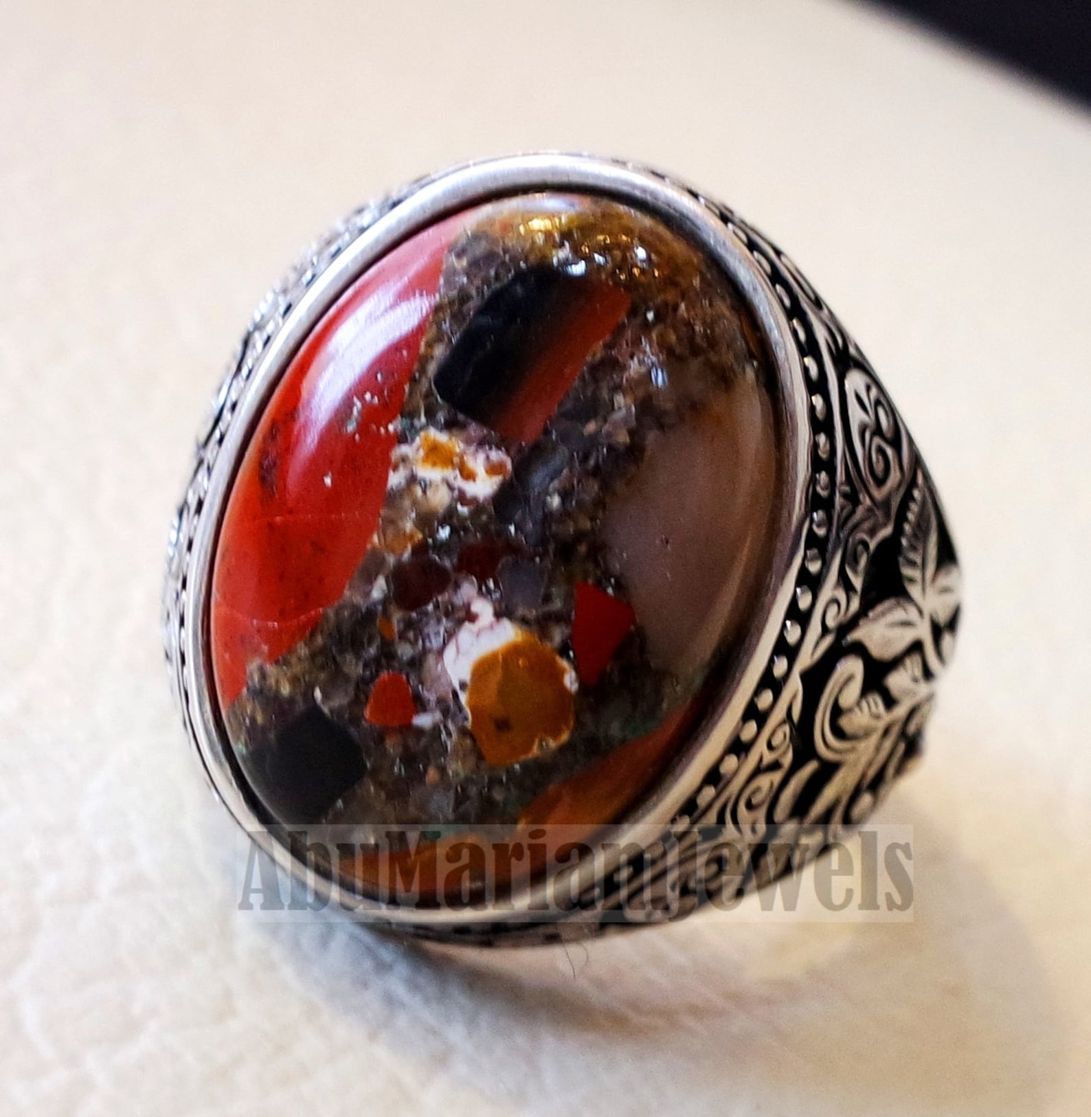 Man Ring Conglomerate Natural Stone Sterling Silver 925 Oval - Etsy