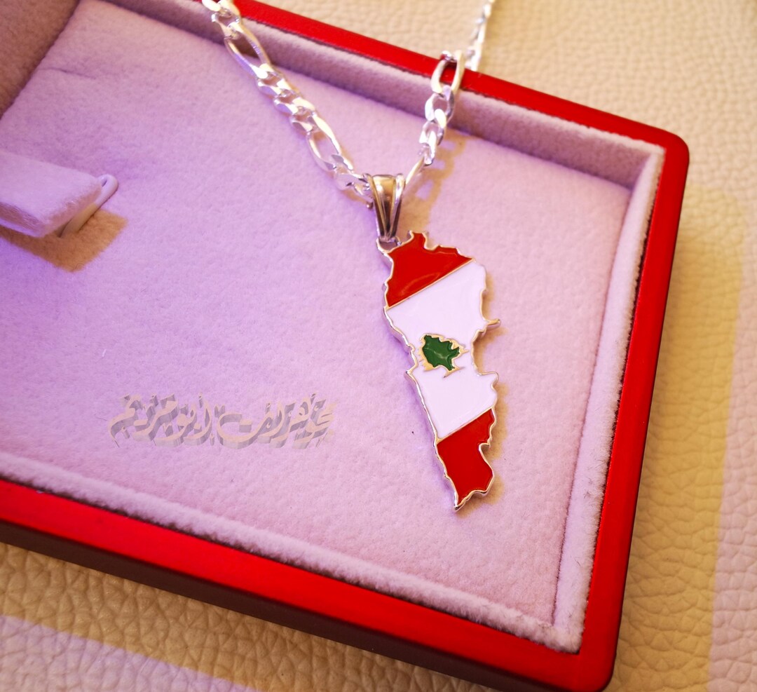 Lebanon Map Pendant With Thick Chain Cedar Tree Flag Colors Sterling ...