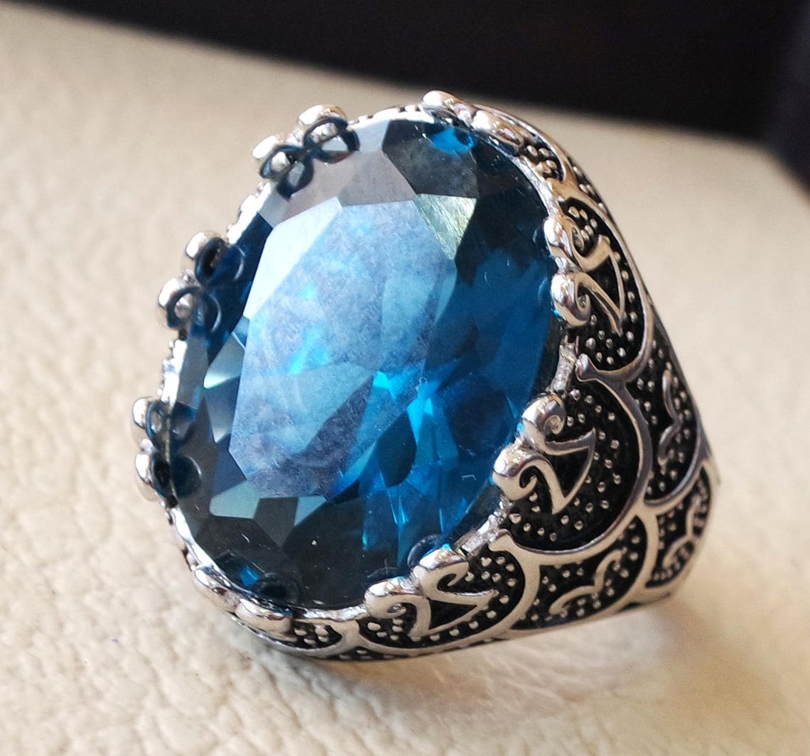 Deep Blue Cubic Zircon Men Ring Sterling Silver 925 Sky Sea - Etsy