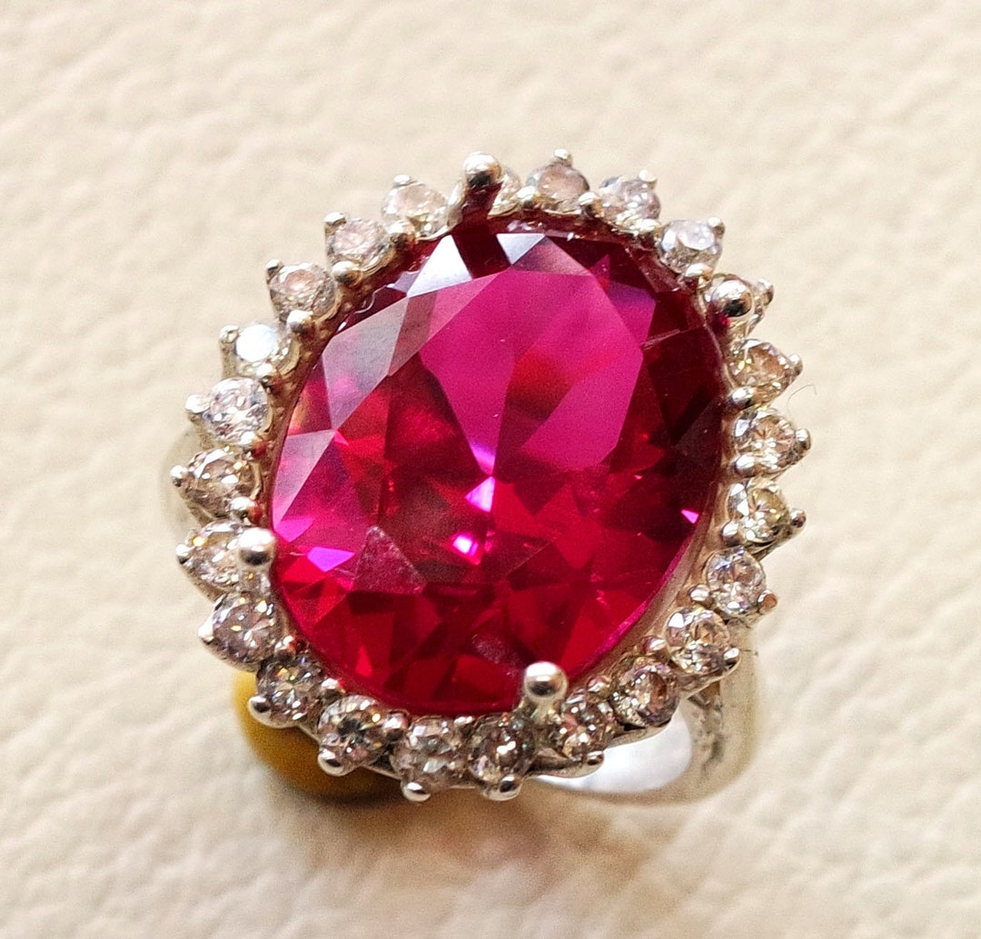 Red Corundum Oval Stone Ring Identical to Genuine Ruby Classic Cluster ...