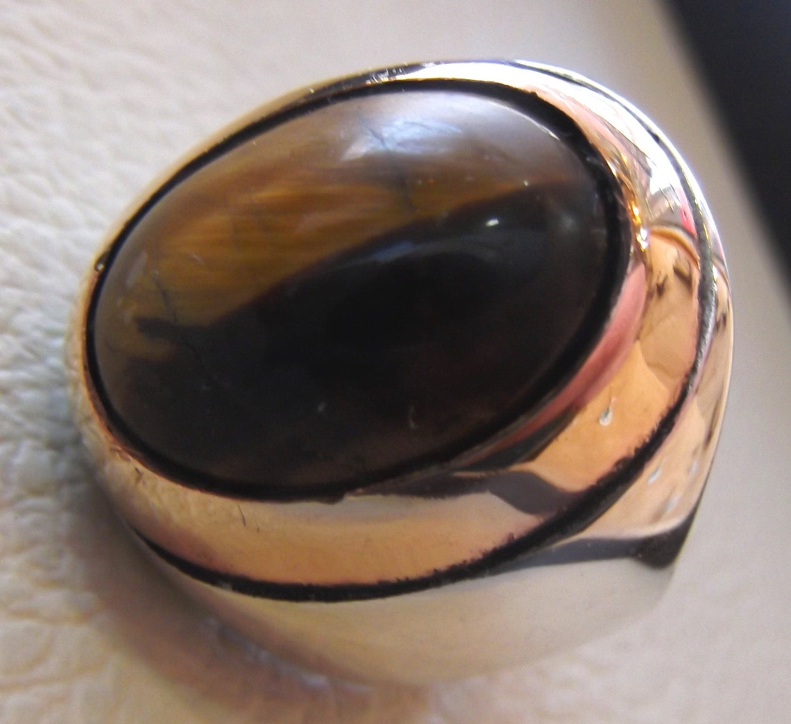 Tiger eye big oval cabochon two tone men ring sterling silver | Etsy