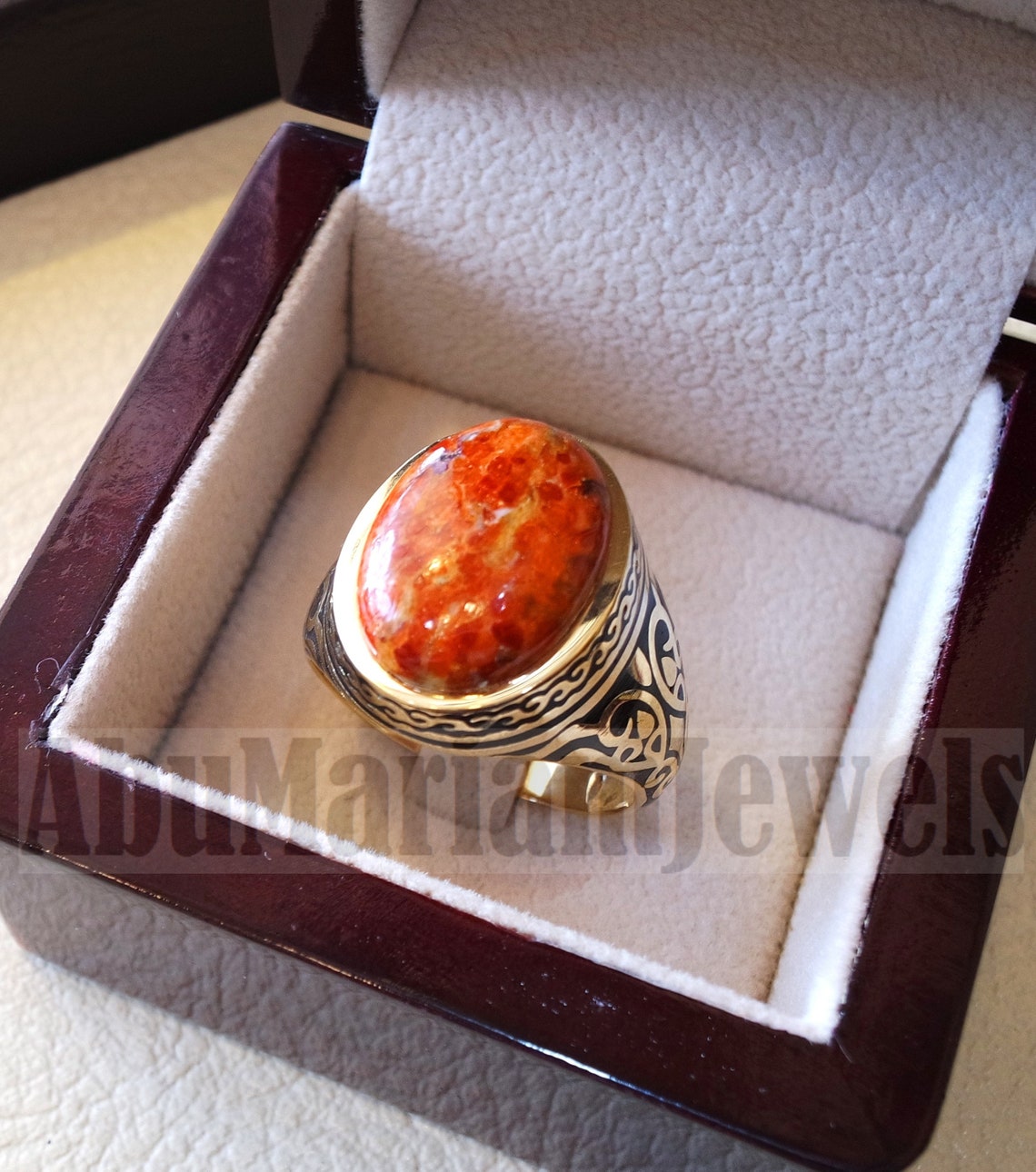 18k Yellow Gold Men Ring Sponge Coral Cabochon High Quality | Etsy