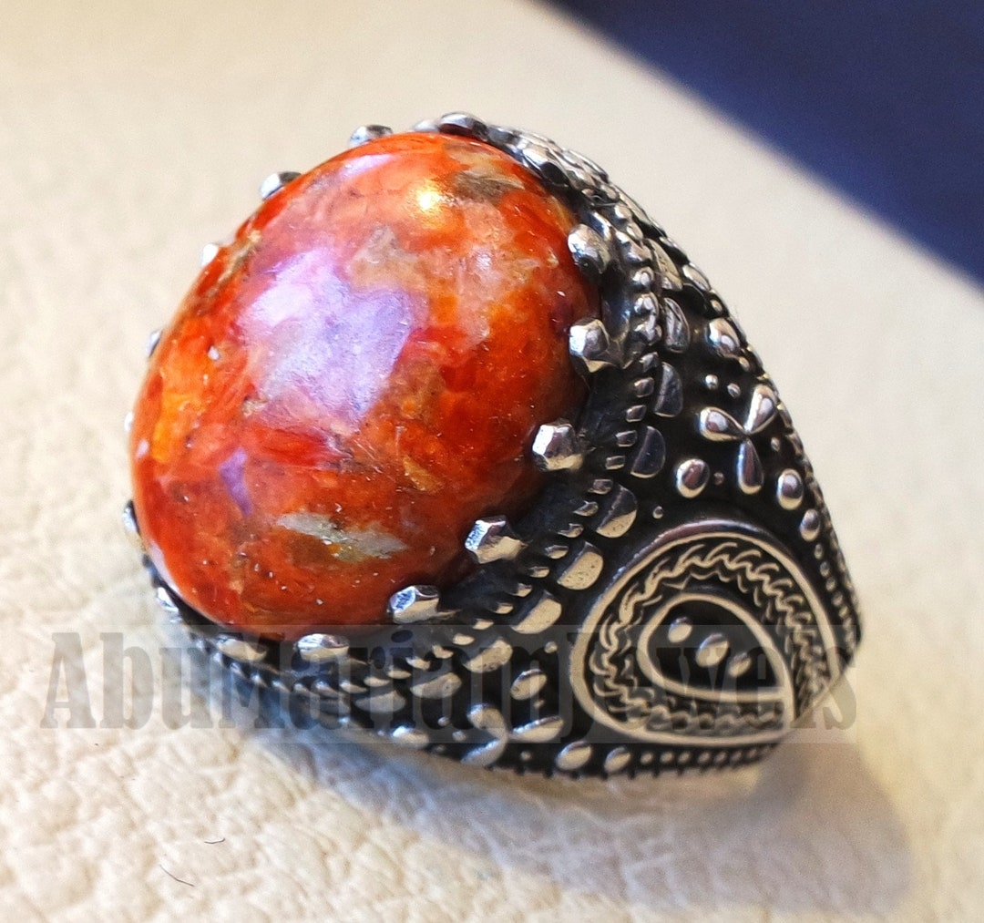 Sponge Coral Murjan Moonga Men Ring Orange Brown Red Natural Stone ...