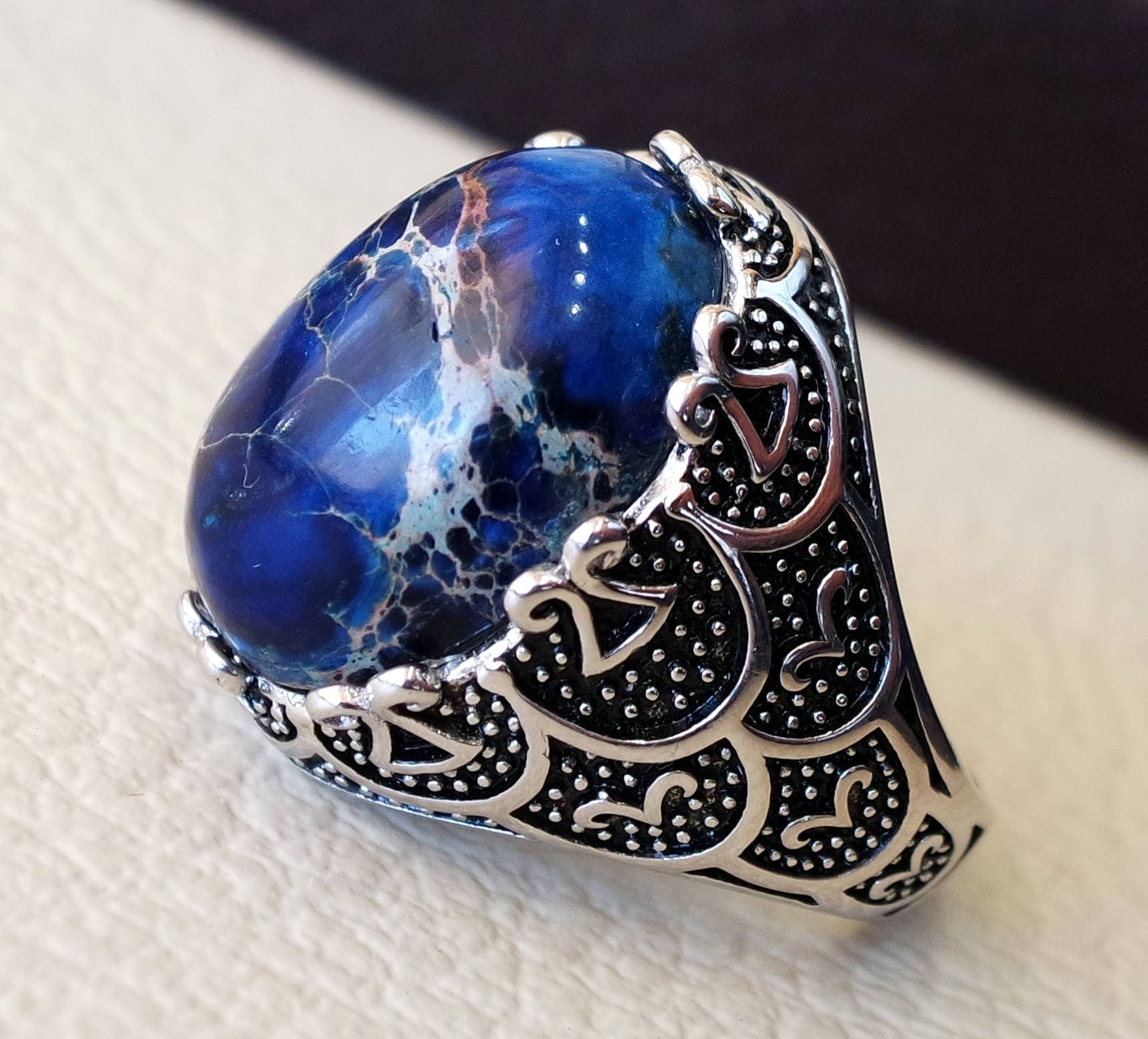 Dark Blue Sea Sediment Jasper Men Ring Multi Color Black Grey | Etsy