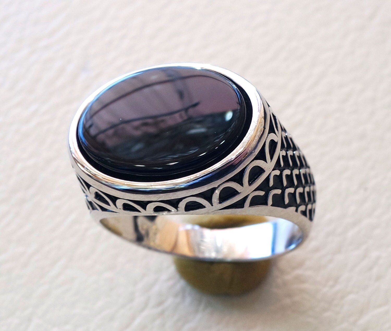 Onyx aqeeq man ring natural agate stone oval black flat gem | Etsy