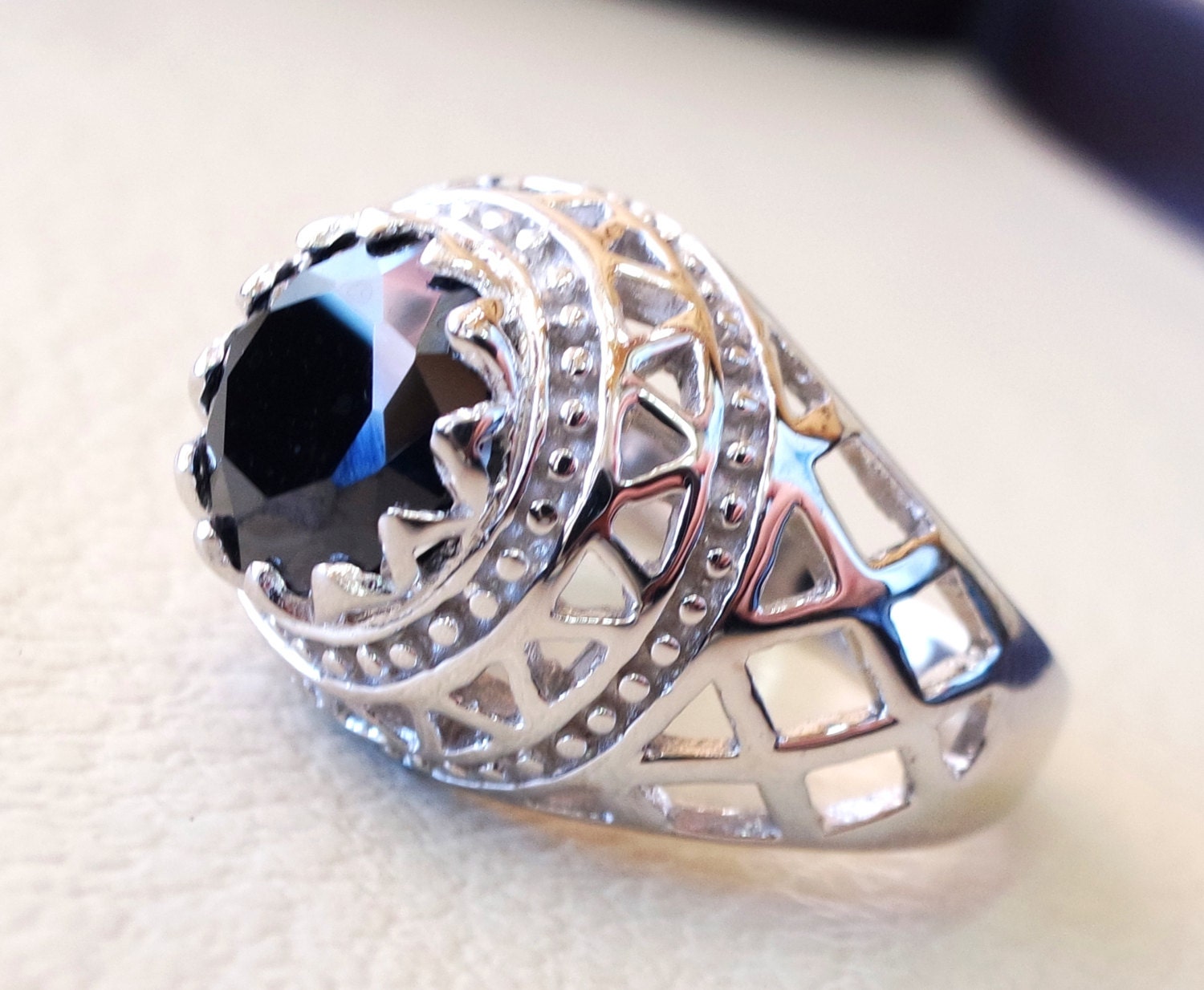 Man ring sterling silver 925 round black cubic zircon Cz stone | Etsy