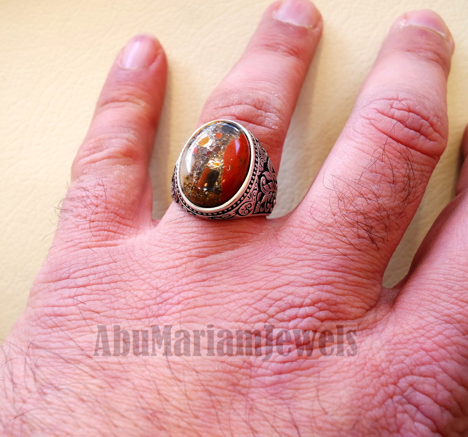 Man Ring Conglomerate Natural Stone Sterling Silver 925 Oval - Etsy
