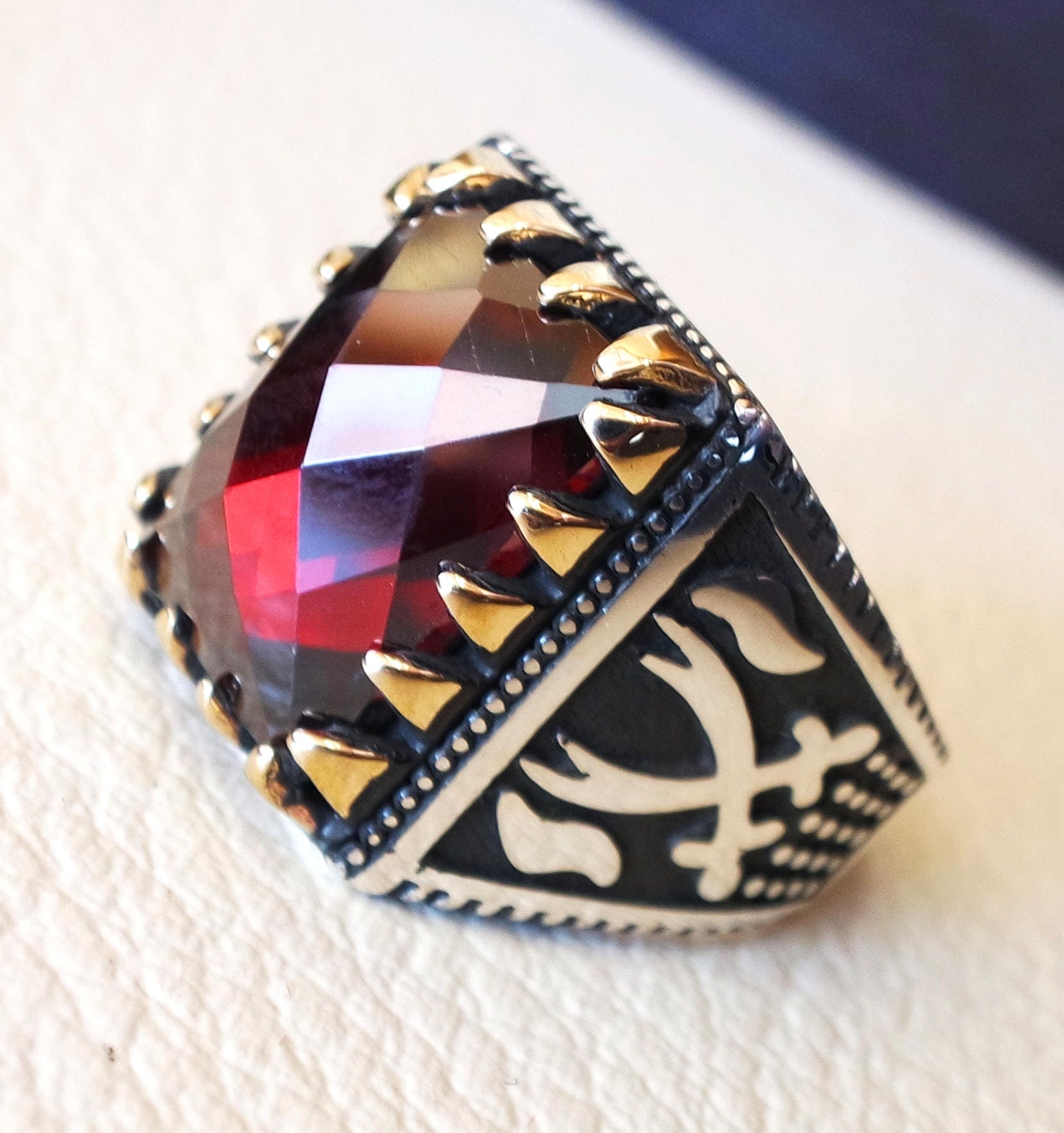 Two Swords Synthetic Ruby Imitation Red Heavy Ring All Sizes - Etsy