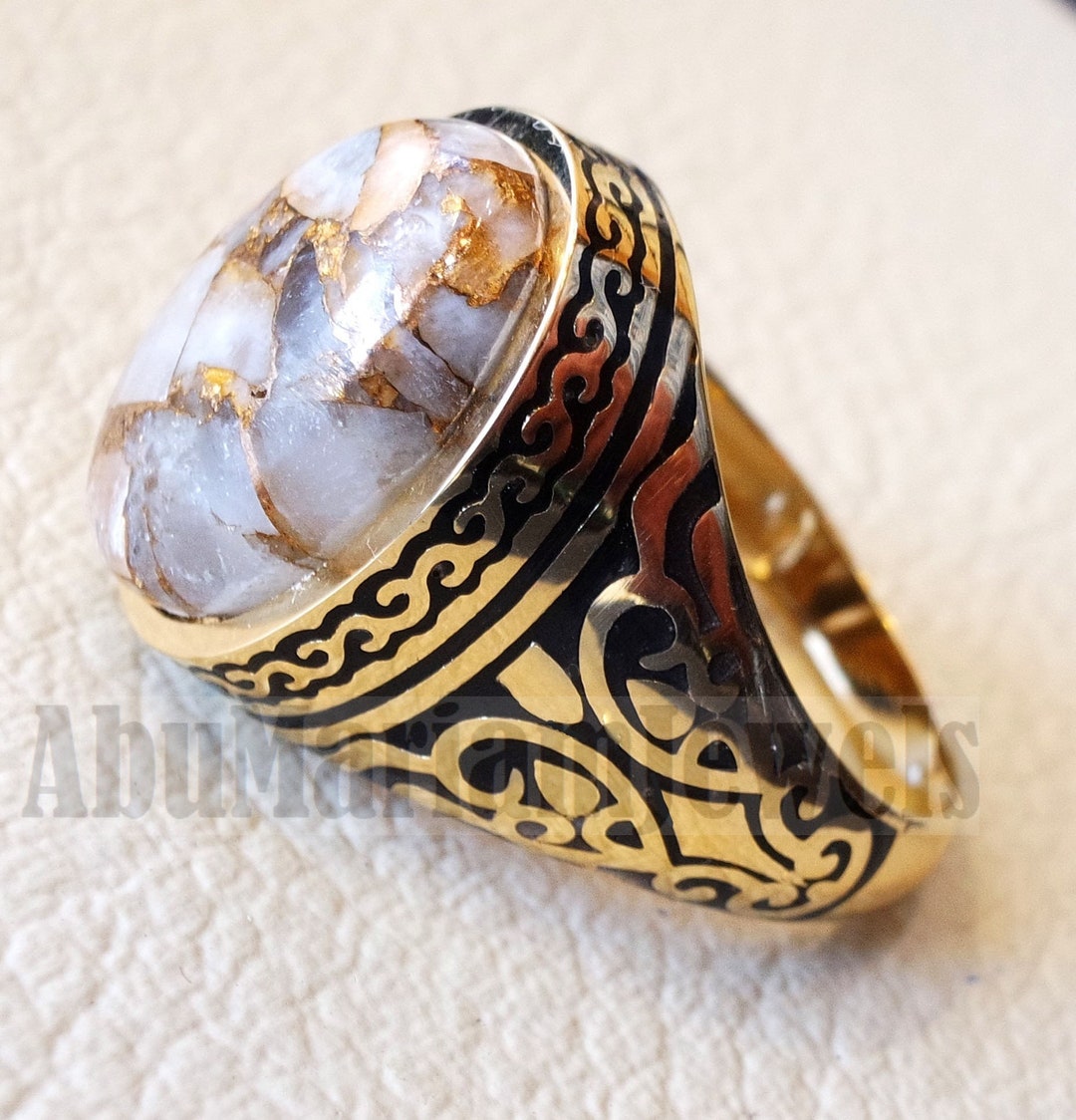 18k Yellow Gold Men Ring Copper Calcite Cabochon High Quality Natural ...