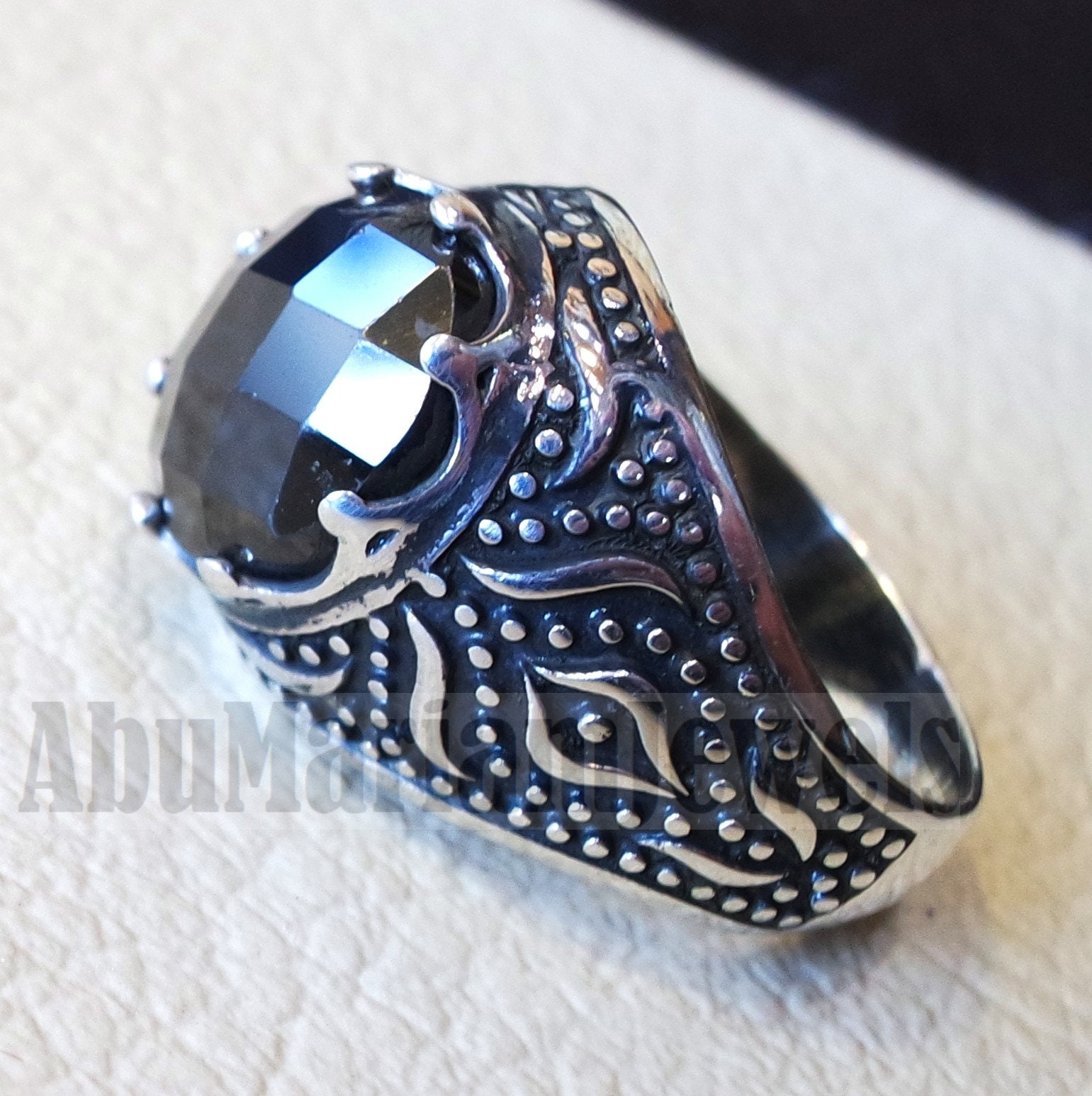 Onyx Round Man Ring Sterling Silver 925 Black Faceted Stone - Etsy