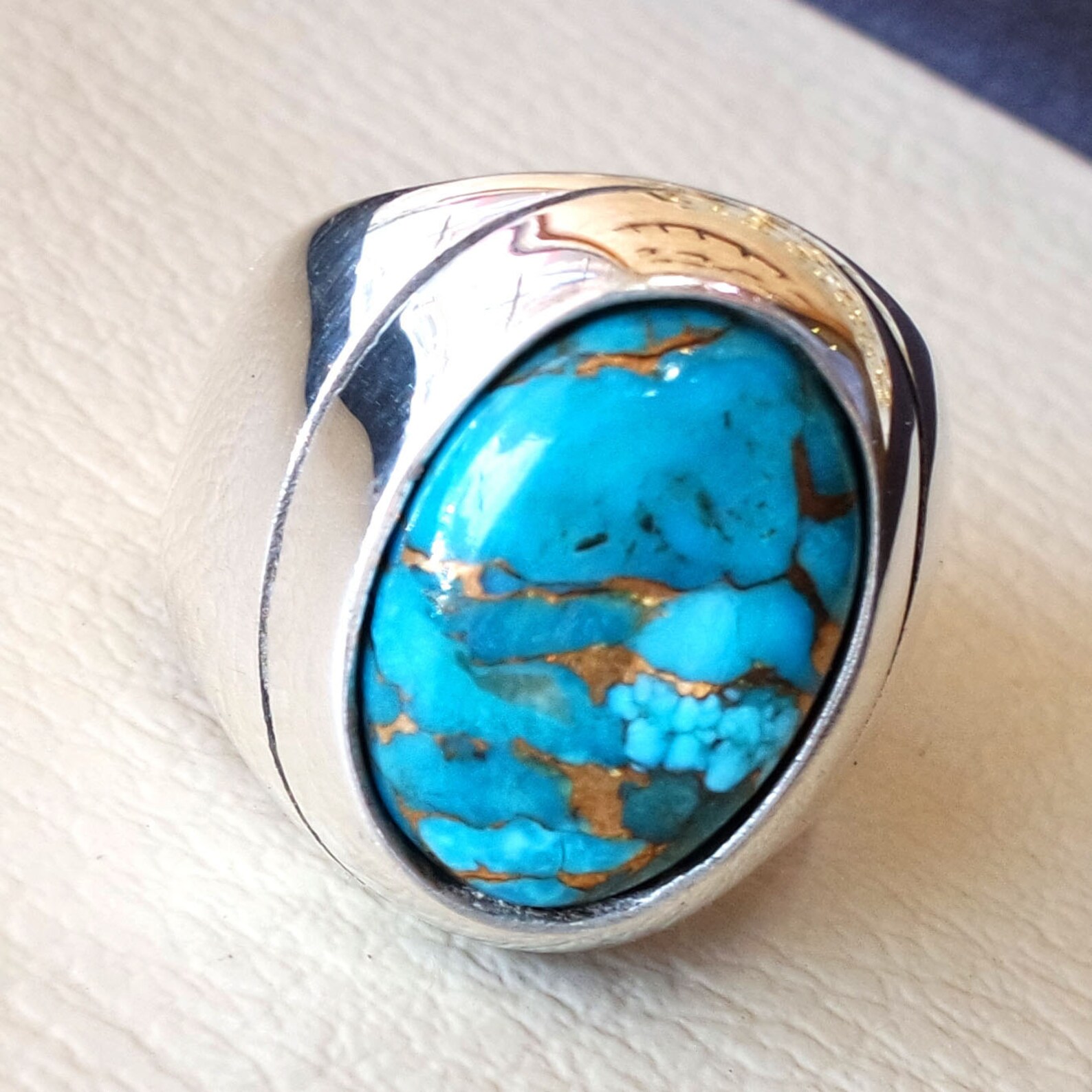 Copper Turquoise Natural Stone Men Heavy Sterling Silver 925 - Etsy