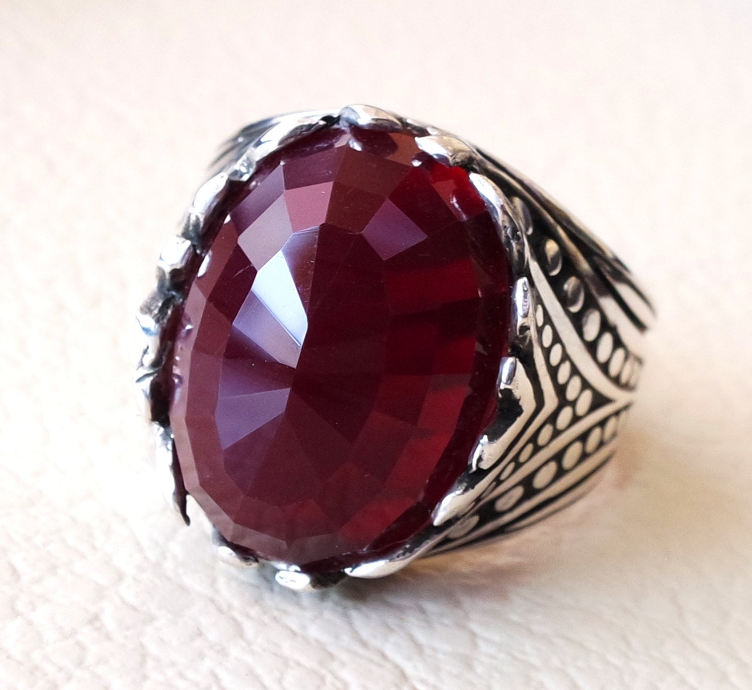 Russet burgundy color reddish faceted oval stone man ring | Etsy