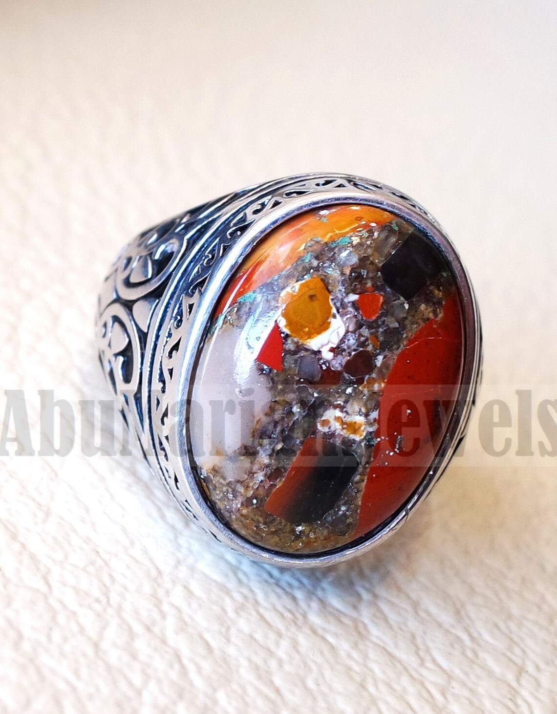 Man Ring Conglomerate Natural Stone Sterling Silver 925 Oval - Etsy