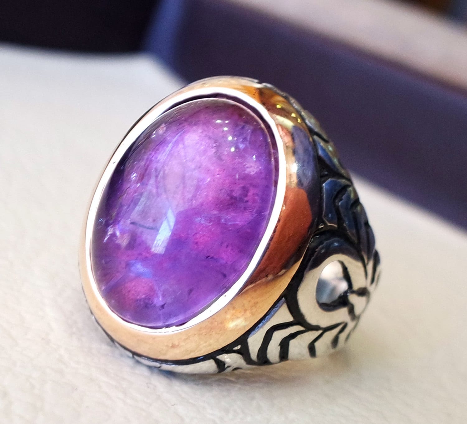 Amethyst Agate Men Ring Natural Purple Stone Silver 925 - Etsy