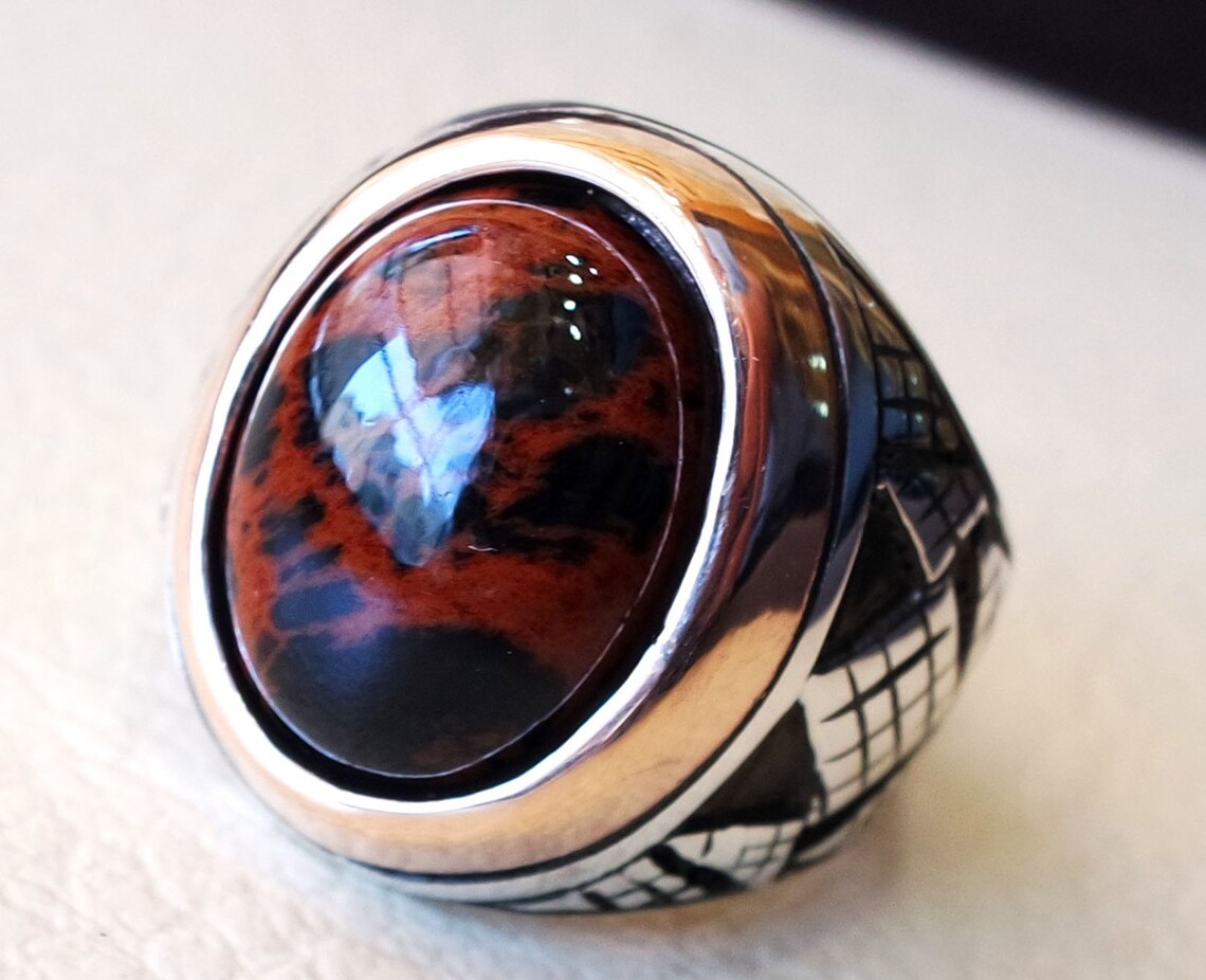 Mahagony obsidian man ring stone natural gem sterling silver | Etsy