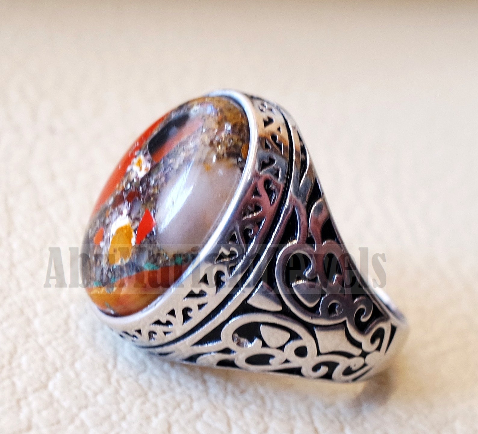 Man Ring Conglomerate Natural Stone Sterling Silver 925 Oval - Etsy