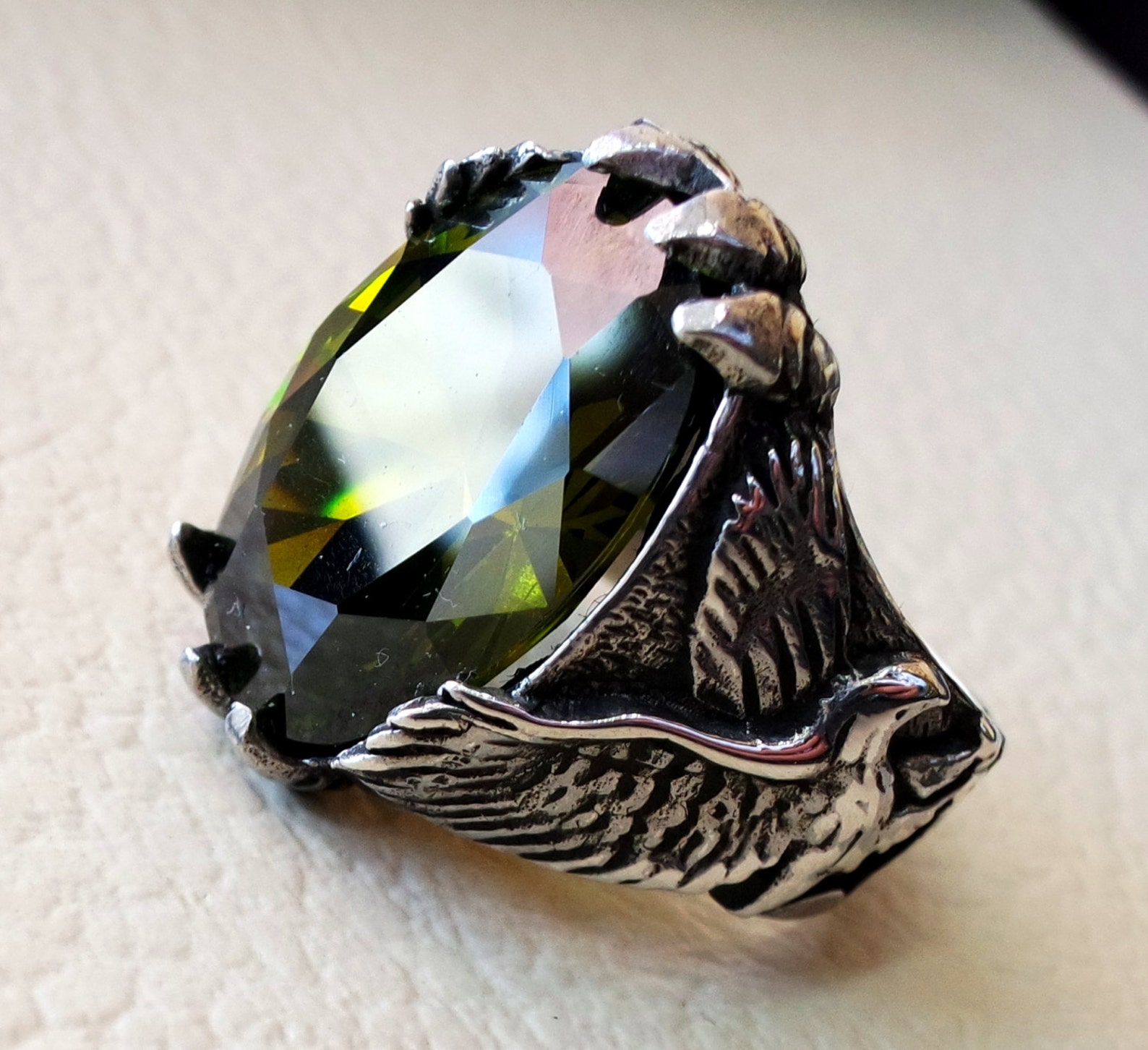 Eagle Falcon Man Ring Sterling Silver 925 Oval Vivid Olive - Etsy