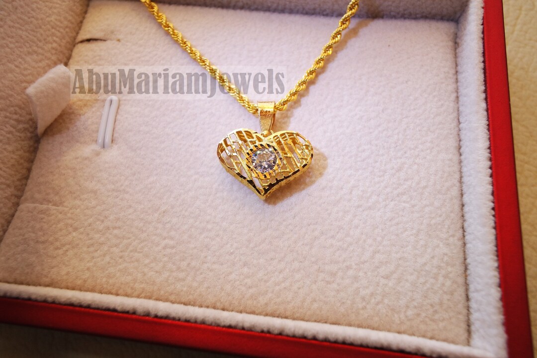 21K Gold 3d Heart Pendant With Rope Chain Gold Jewelry With Cubic ...