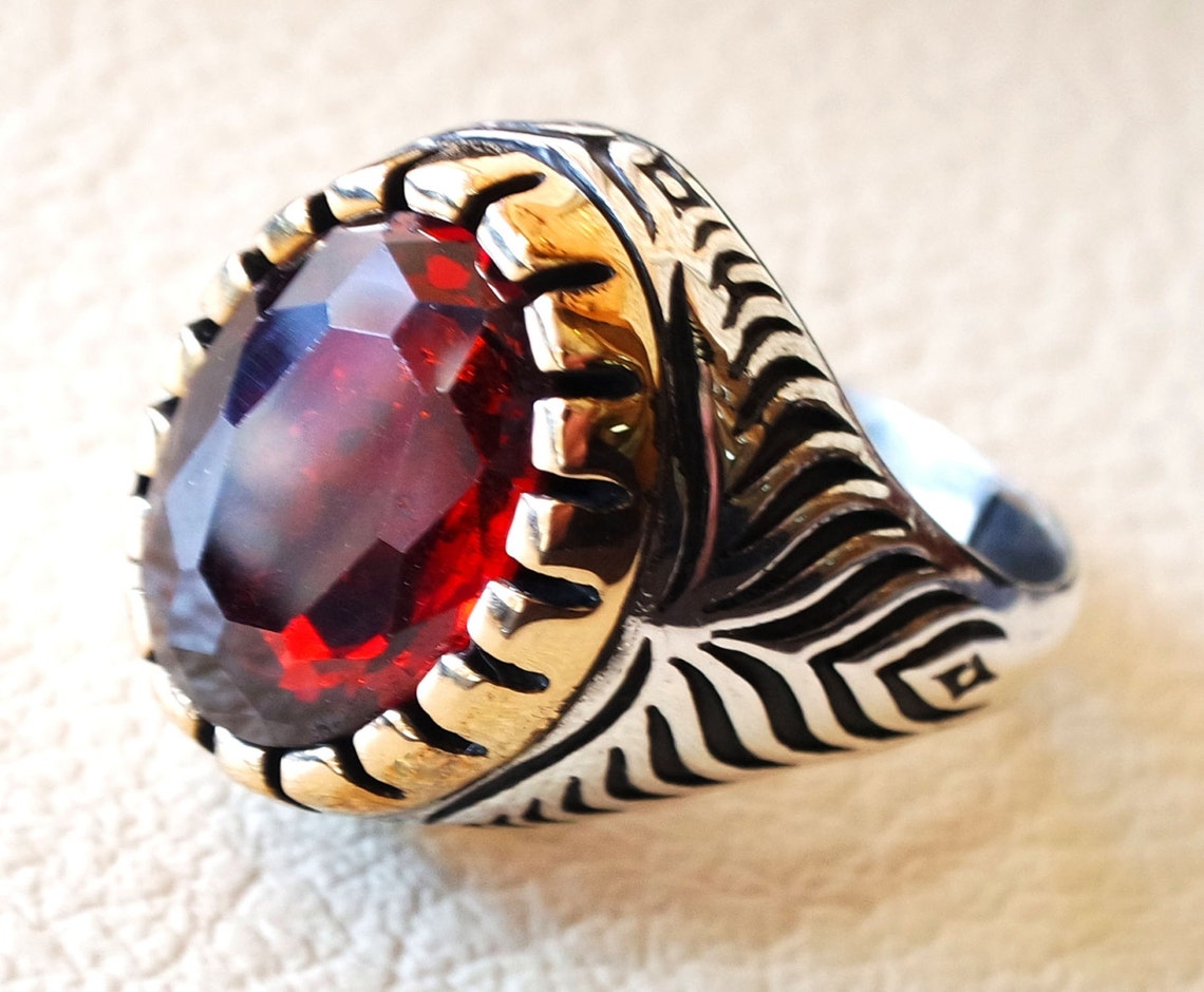 Deep Red Orange Ruby Synthetic Heavy Sterling Silver 925 Men - Etsy