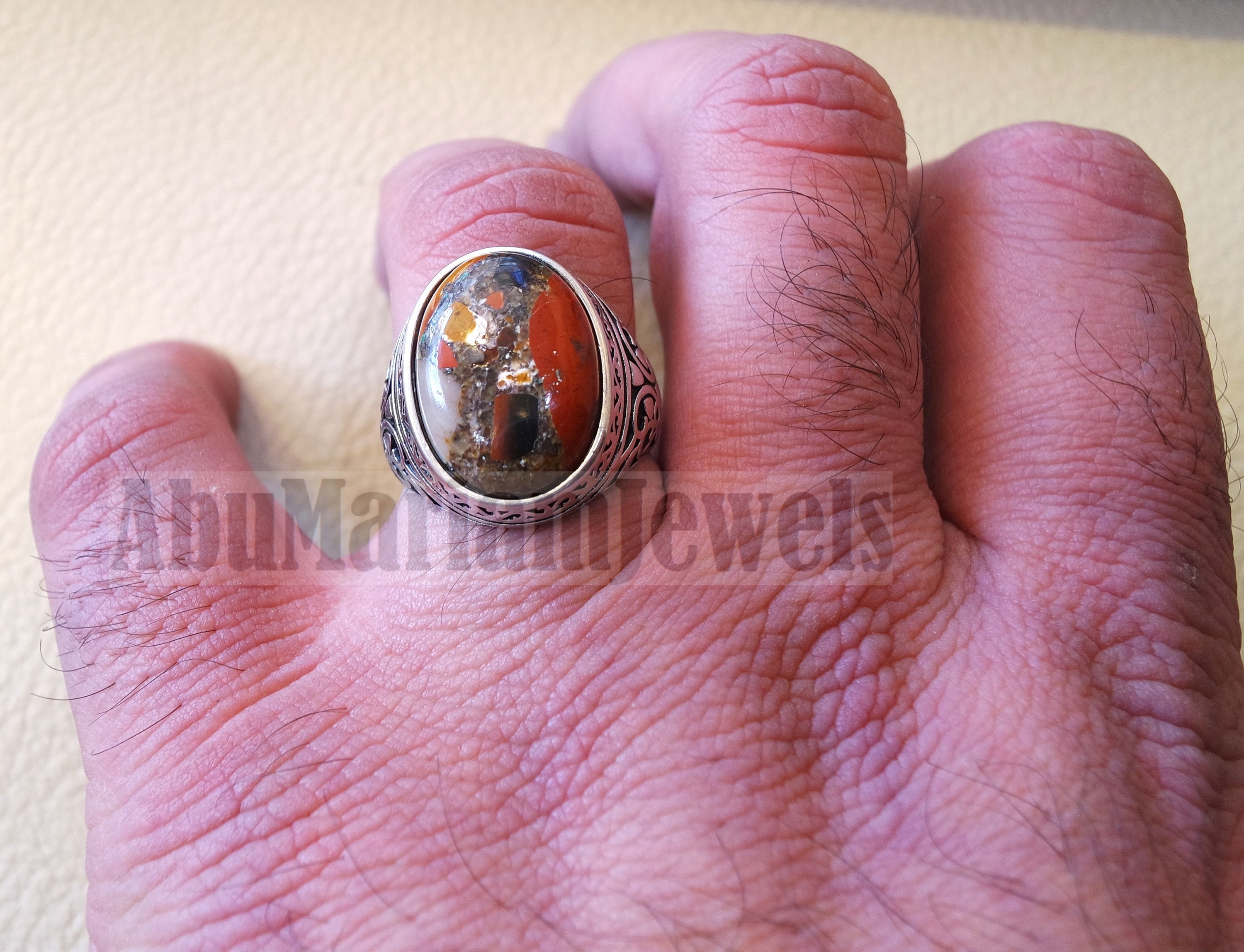 Man Ring Conglomerate Natural Stone Sterling Silver 925 Oval - Etsy