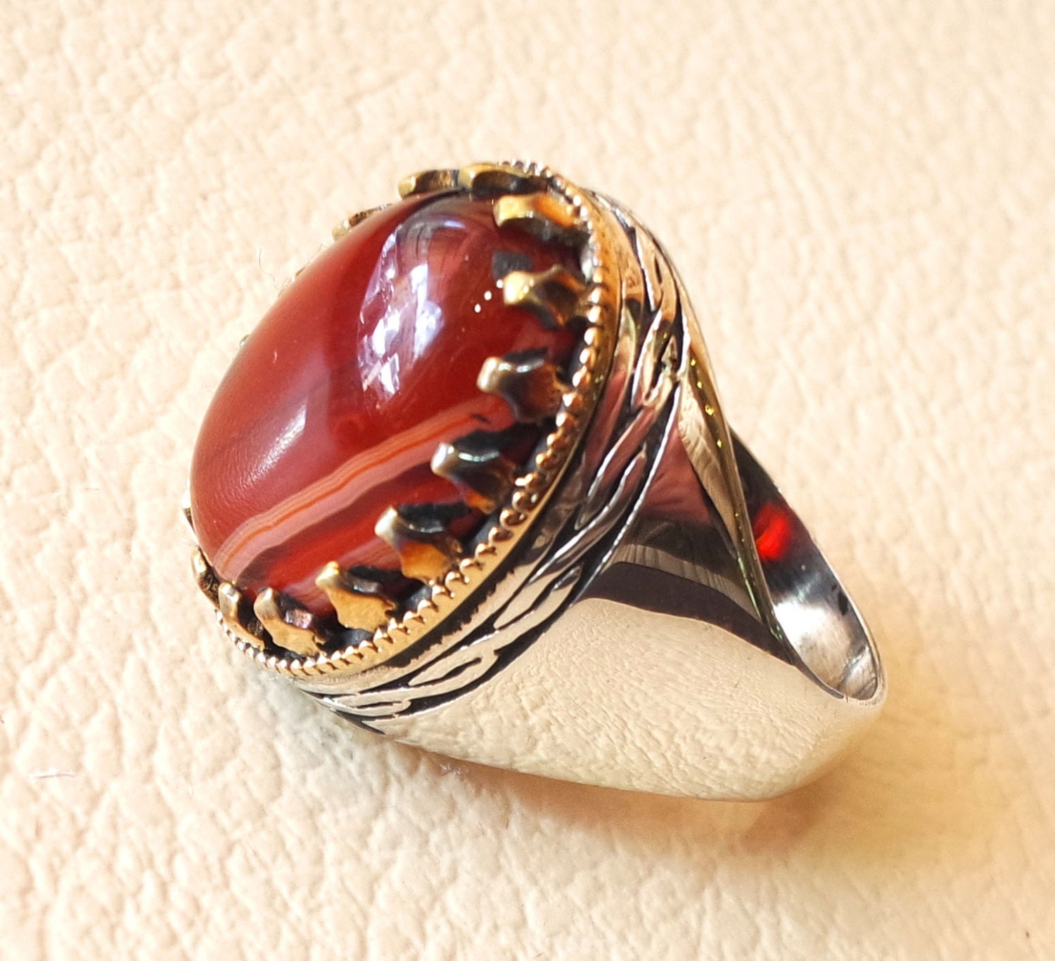 Aqeeq Ring Carnelian Striped Agate Red Semi Precious Natural | Etsy