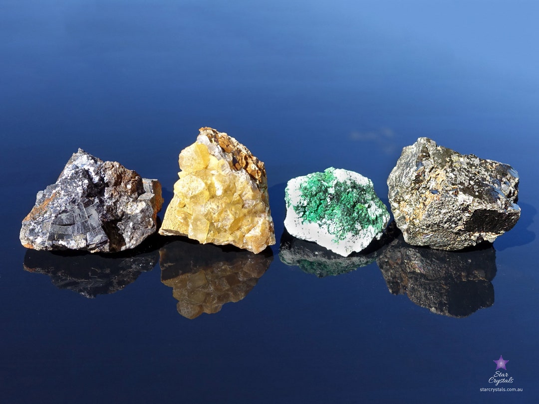SET OF 4 TASMANIAN Crystals Galena Zaratite Calcite Pyrite Australian ...