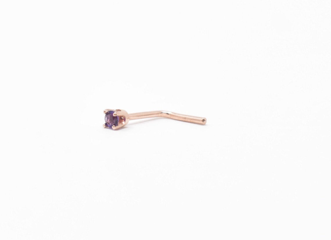 Amethyst Rose Gold Nose Stud, L-shaped, 20 Gauge, Purple Nose Stud ...