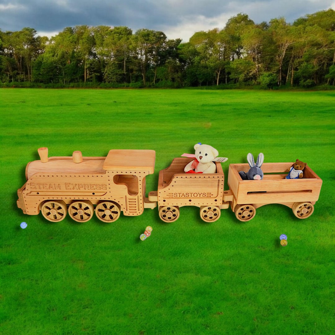 A Locomotive With a Tender and a Freight Car / Wooden Toy Train Set ...